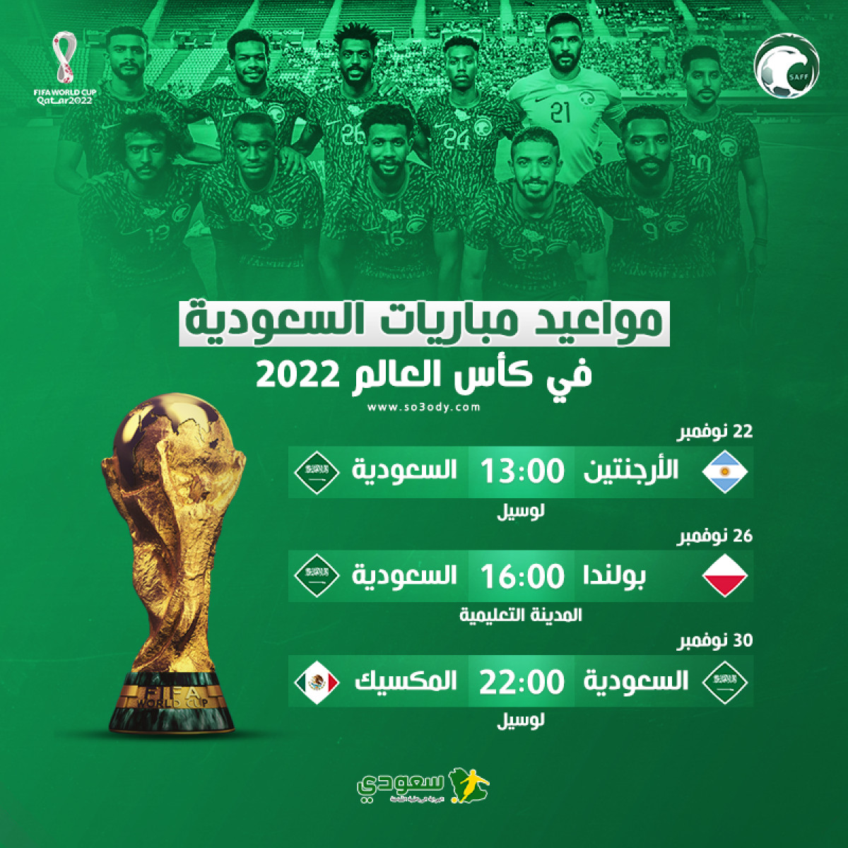 كأس العالم 2022 مواعيد مباريات السعودية في مونديال قطر سعودى سبورت